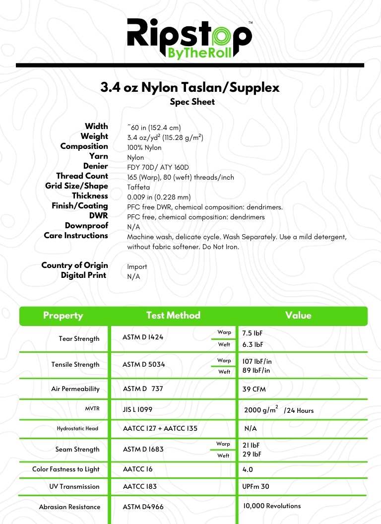 3.4 oz Nylon Taslan/Supplex - Ripstop by the Roll